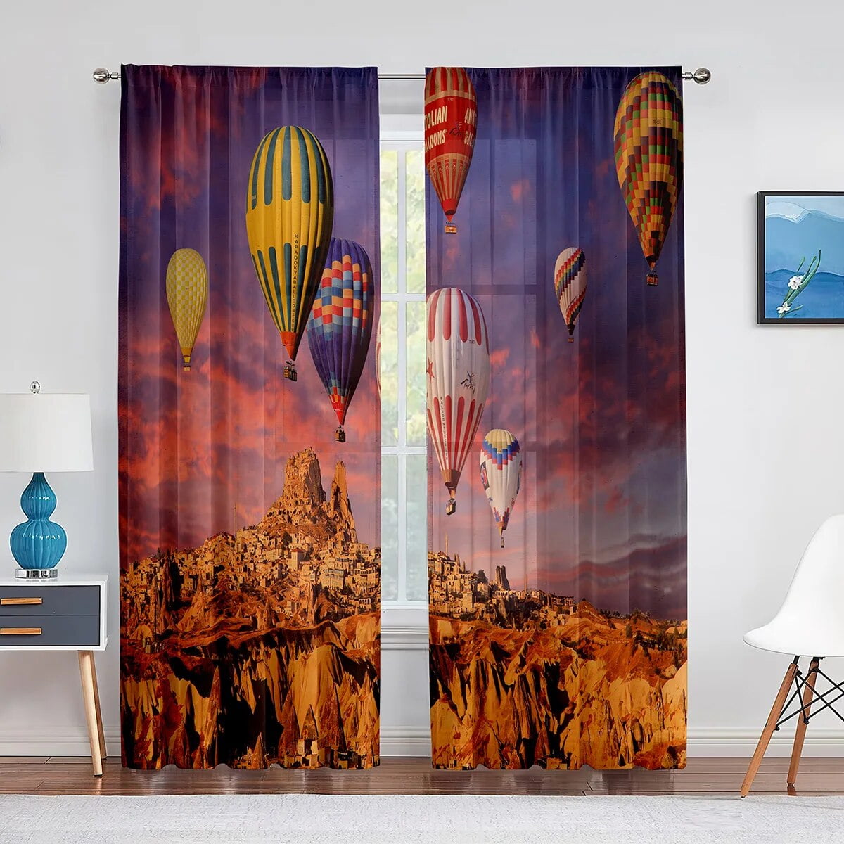 Hot Air Balloon on Sky Dreamy Scenery Sheer Voile Curtains for Bedroom ...