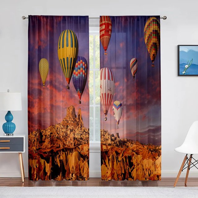 Hot Air Balloon on Sky Dreamy Scenery Sheer Voile Curtains for Bedroom ...