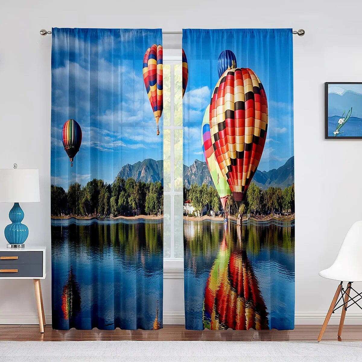 Hot Air Balloon on Sky Dreamy Scenery Sheer Voile Curtains for Bedroom ...