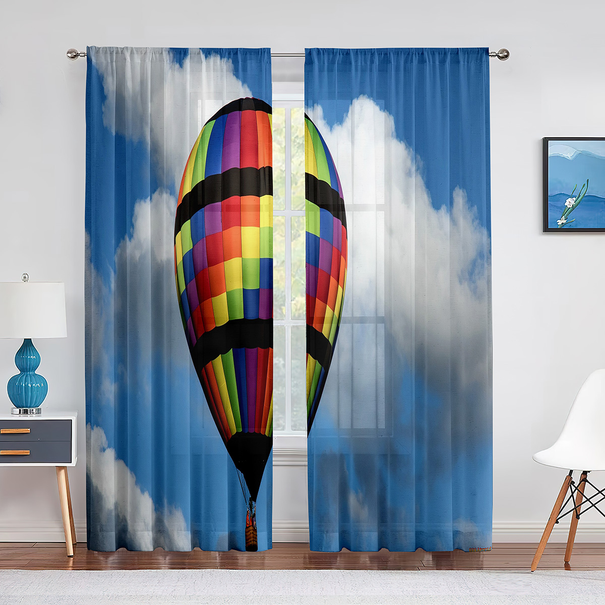 Hot Air Balloon on Sky Dreamy Scenery Sheer Voile Curtains for Bedroom ...