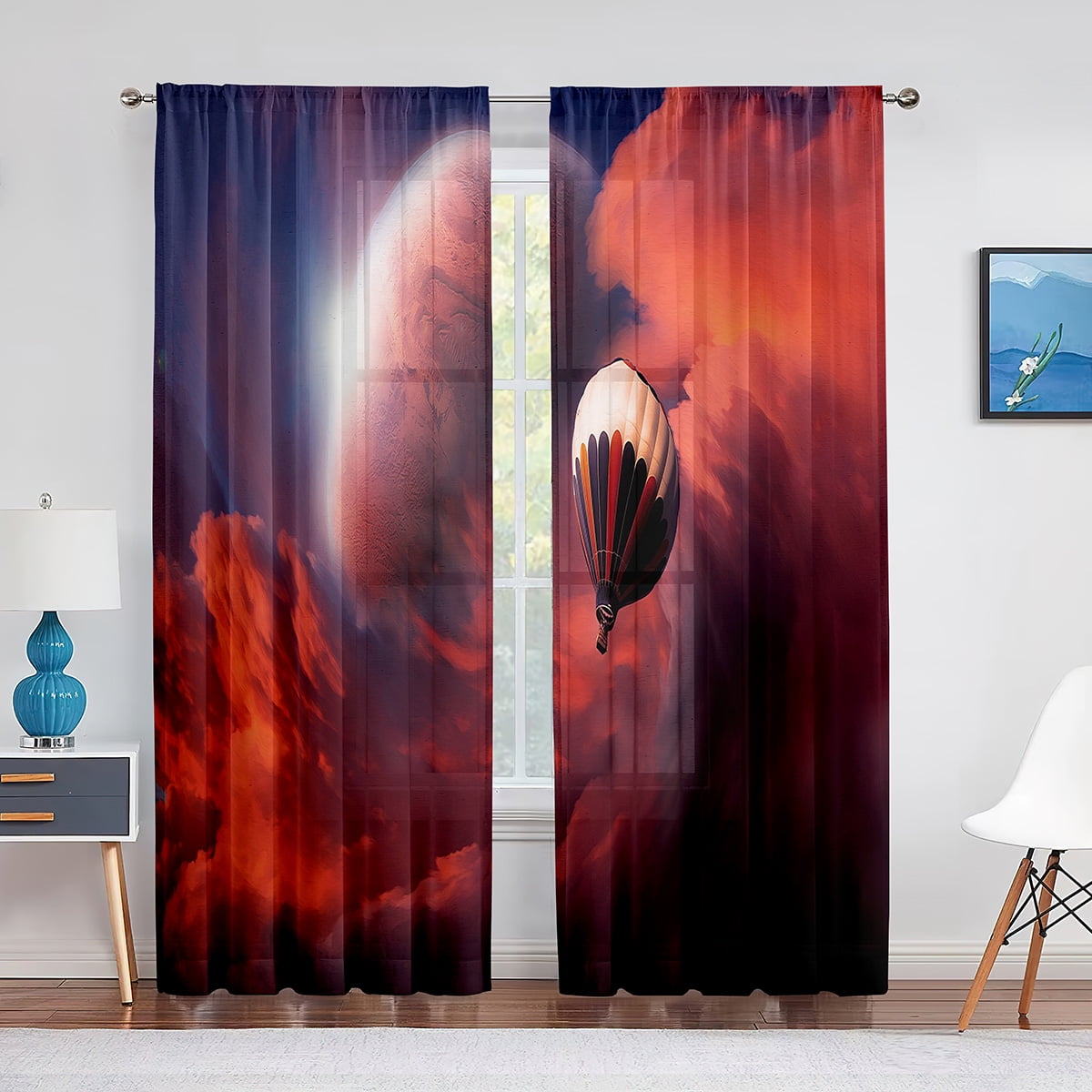 Hot Air Balloon on Sky Dreamy Scenery Sheer Voile Curtains for Bedroom ...