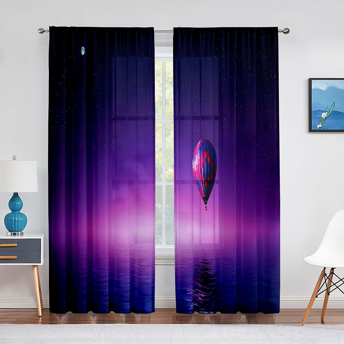 Hot Air Balloon on Sky Dreamy Scenery Sheer Voile Curtains for Bedroom ...
