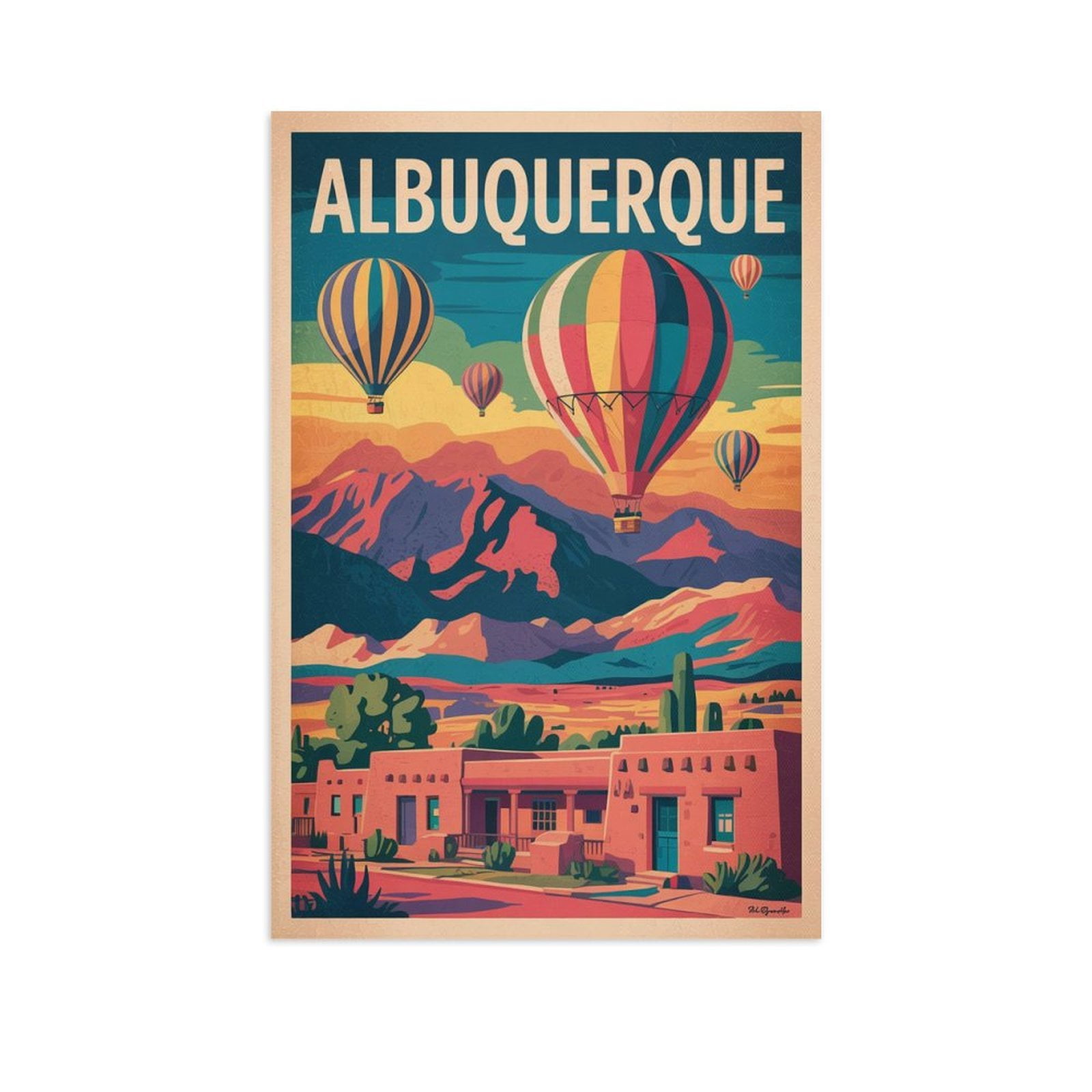 Hot Air Balloons Classic Poster Retro Albuquerque Cityscape with Desert ...