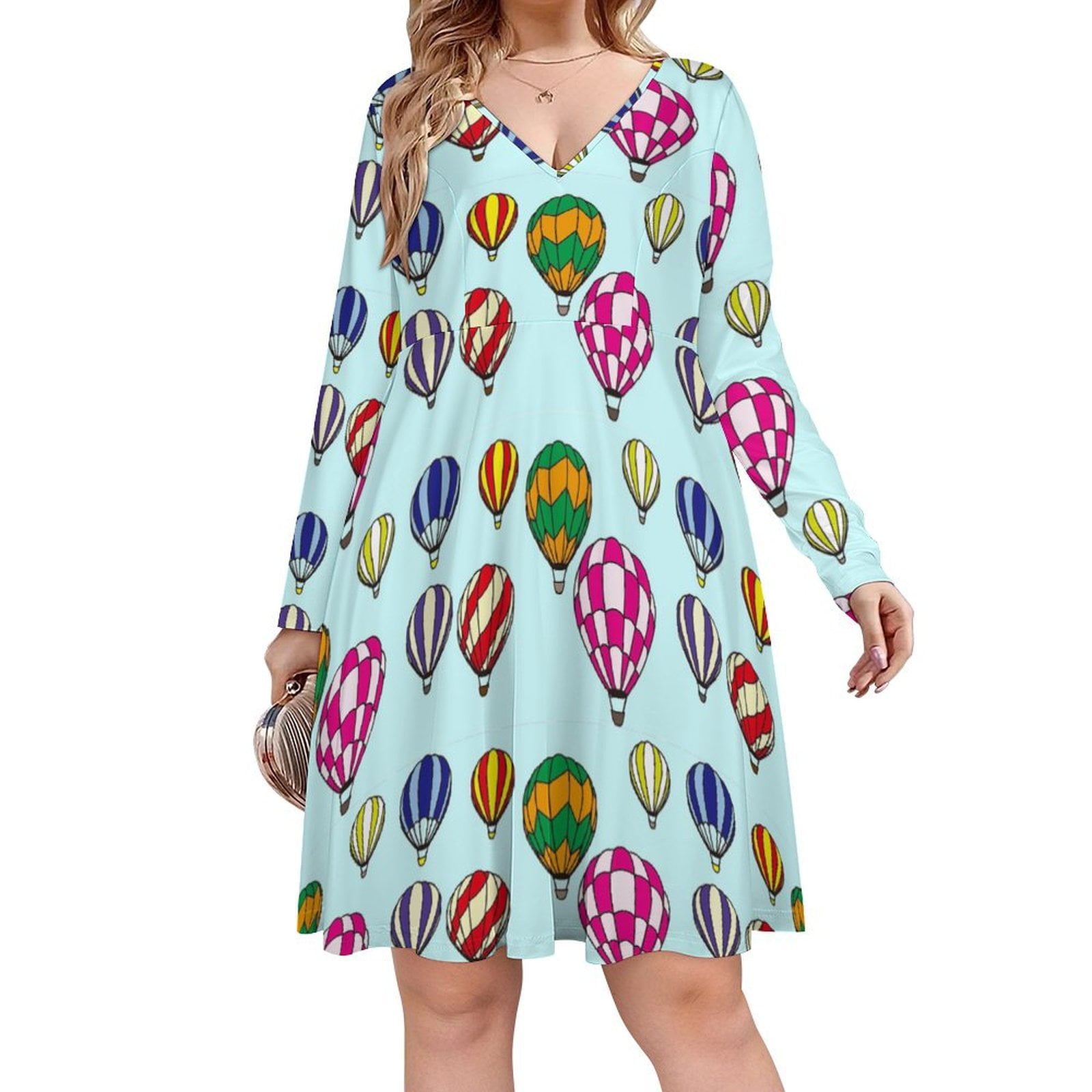 Hot Air Balloons Long Sleeve Dresses For Women Vintage Elegant Party Dress Oversized V-neck ...