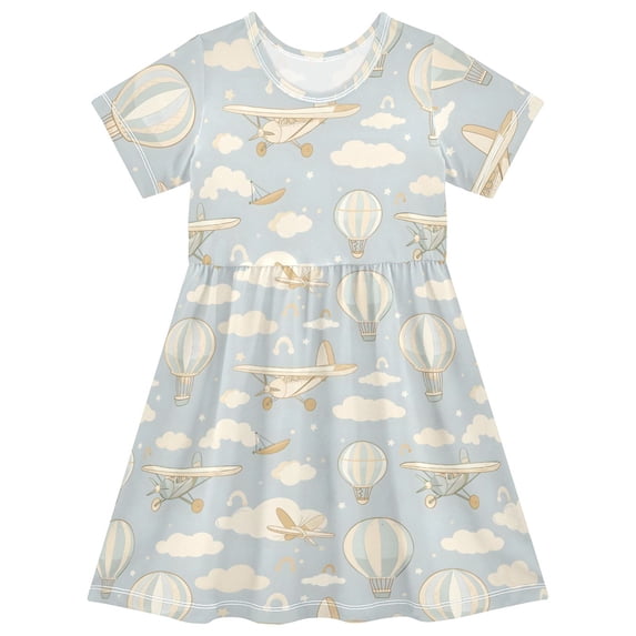 Hot Air Balloons and Gliders Short Sleeve Dress A-Line Cute Midi Casual ...