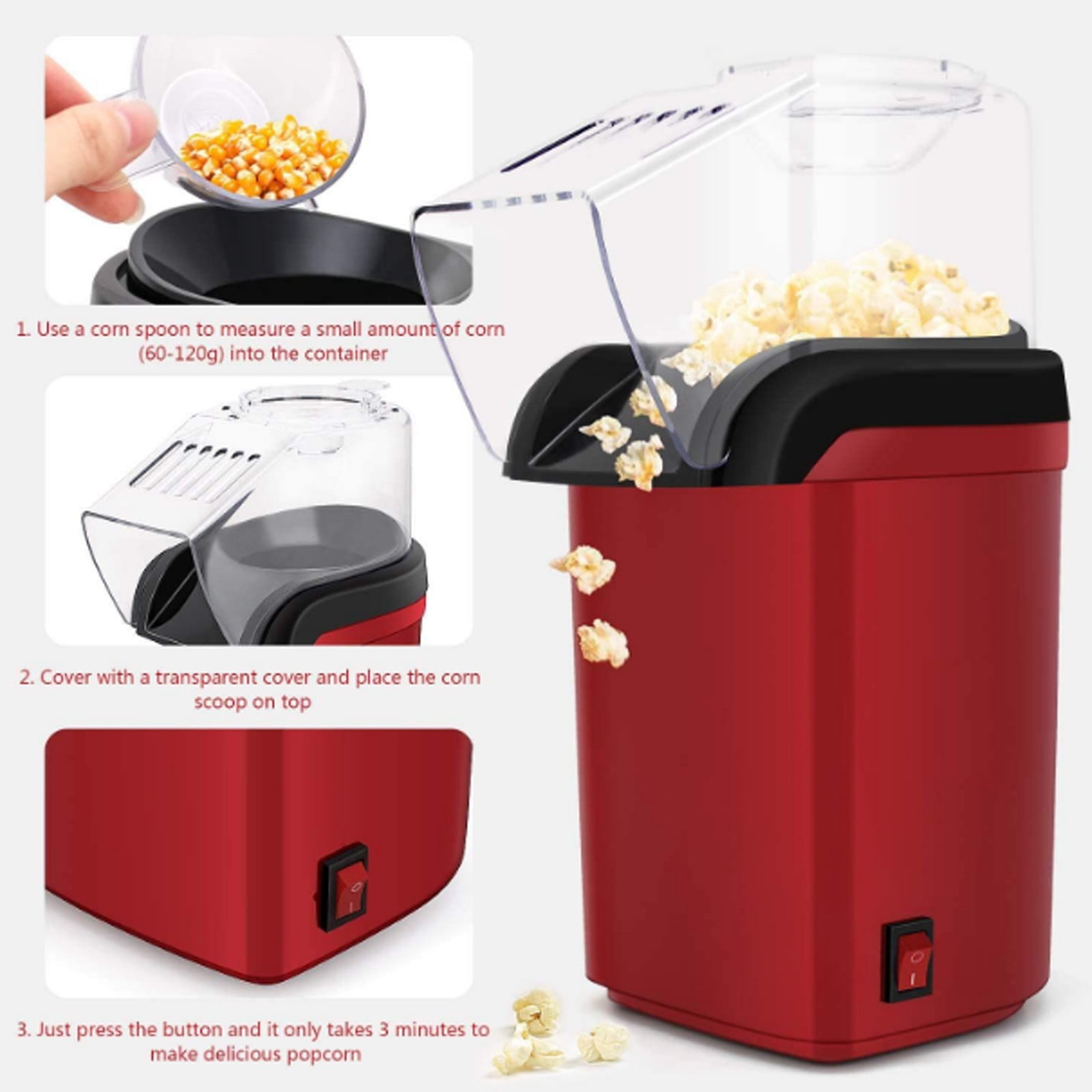 Hot Air Popcorn Maker Machine Electric Popcorn Machine With 1200W No ...
