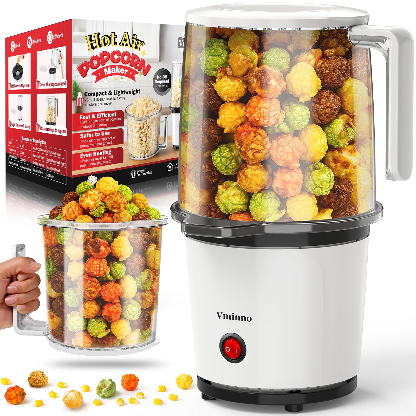Hot Air Popcorn Popper with Serving Bowl, Fast Oil-Free Popcorn Maker, 8-Cup Electric Popcorn ...