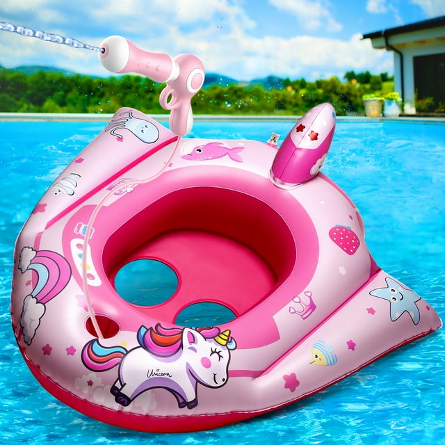Hot Bee Unicorn Space Boat Pool Float with Water Squirt Gun, Summer Fun ...