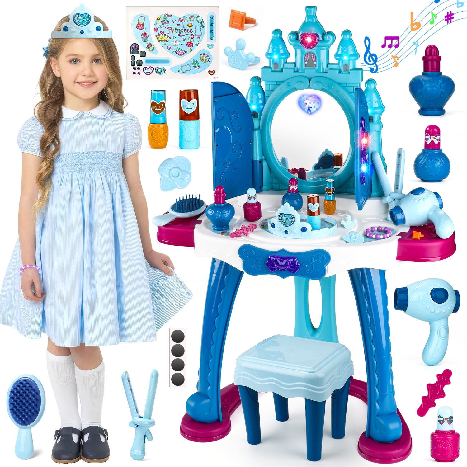 Hot Bee Princess Vanity Toy Set, Light-Up Makeup Table & Chair for 2-6 ...