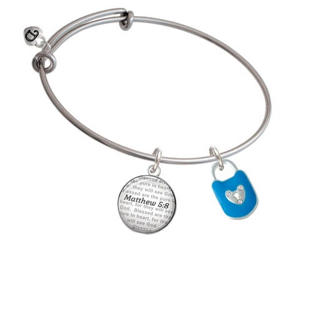 Hot Blue Enamel Lock with Clear Crystals - Bible Verse Matthew 5:8 Glass Dome Bangle Bracelet ...
