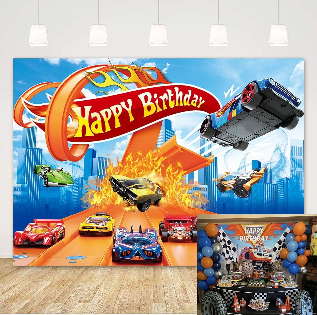 Hot Car Party Backdrop Racing Happy Birthday Background Cartoon Racer ...