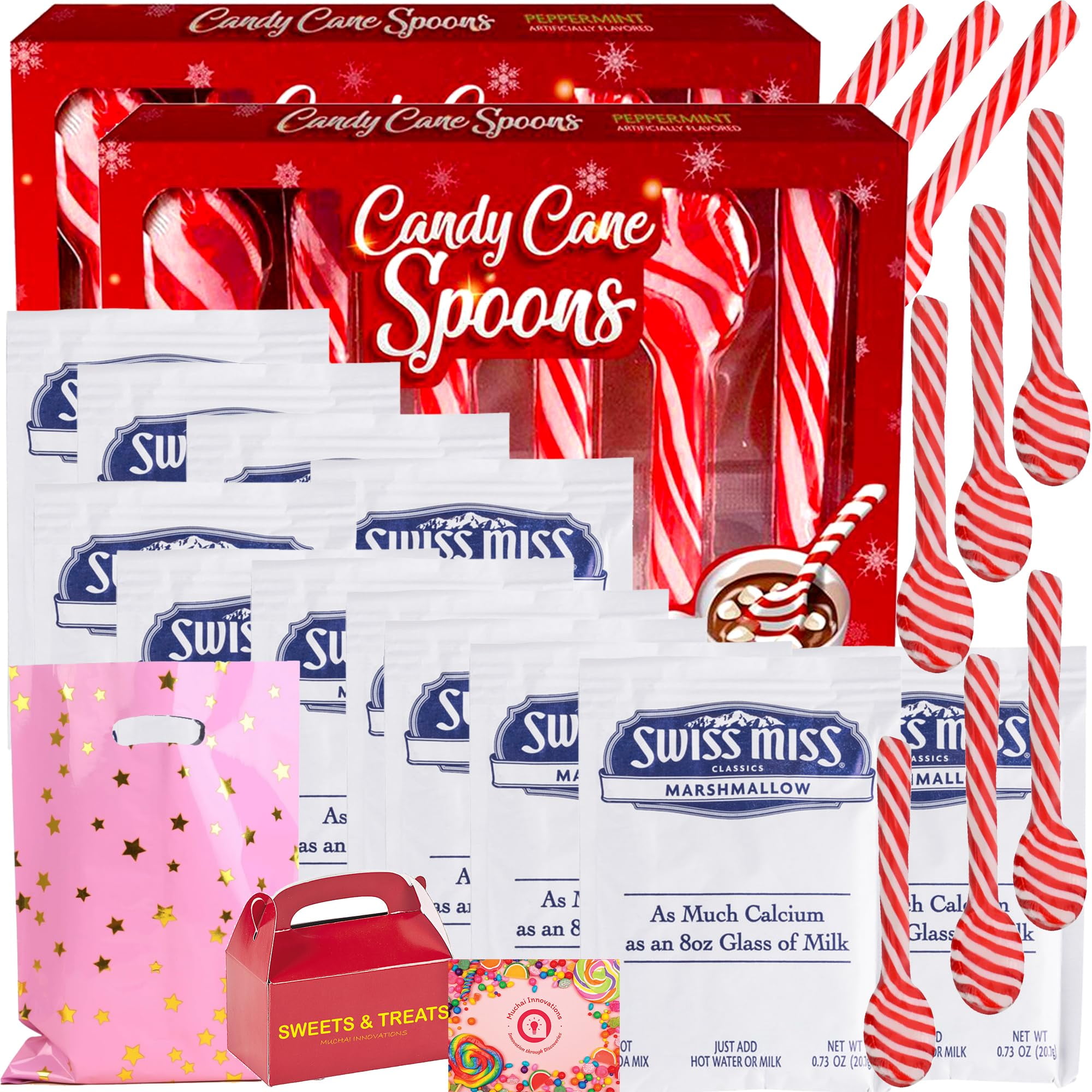 Hot Cocoa Gift Set with Marshmallows & Peppermint Candy Cane Spoons – 12 Hot Chocolate Packets ...