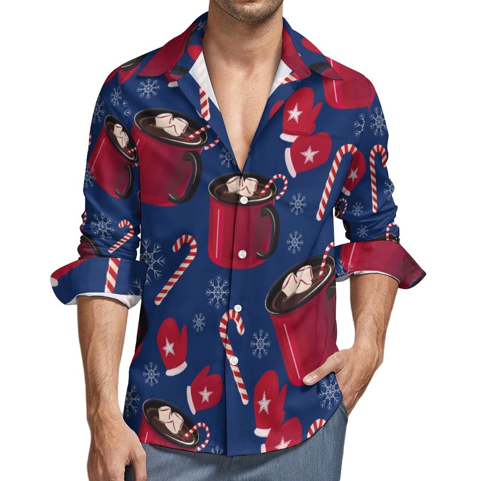 Hot Cocoa Snowflake Mittens Mens Long Sleeve Button Down Shirts, Casual ...