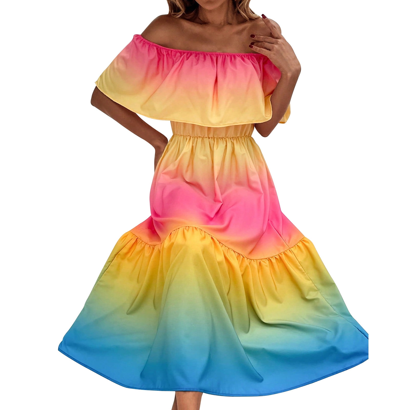 Hot Days, Bold Styles SMihono Rainbow Ruffle Off-Shoulder Dress,Elastic ...