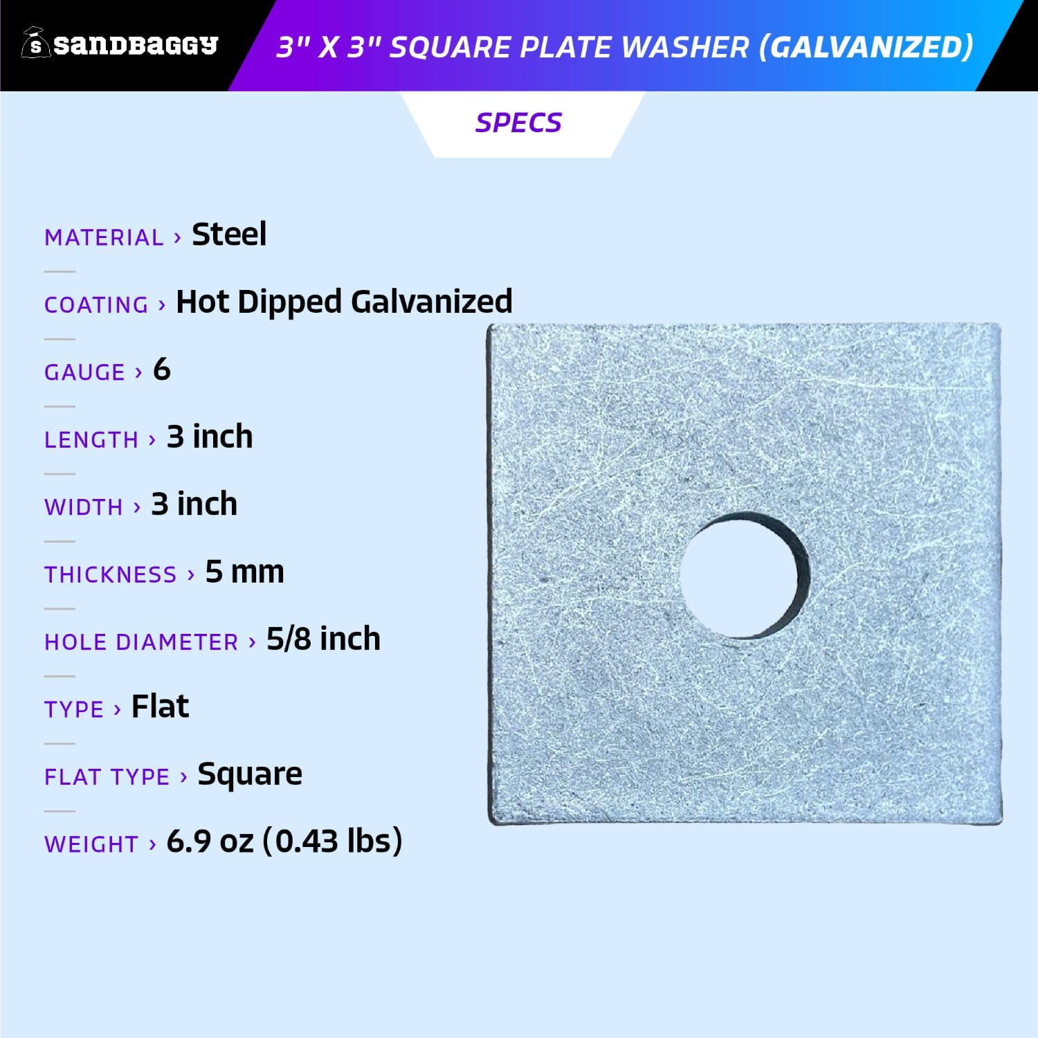 Hot-Dipped Galvanized 3" x 3" Square Plate Washer for 5/8" Anchor Bolts ...