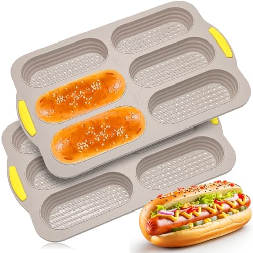 Hot Dog Bun Pans for Baking, 6-Cavity Silicone Hot Dog Bun Mold, Set of ...