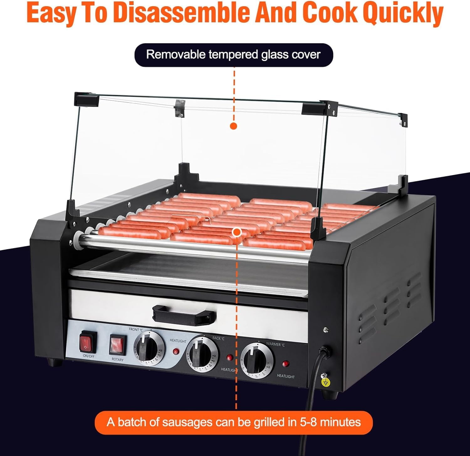 Hot Dog Roller,11 Rollers 30 Hot Dogs Capacity 1950W Stainless Sausage ...