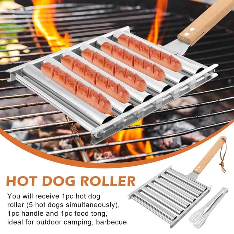 Hot Dog Roller for Grill with Metal Spatula and Long Wooden Handle ...