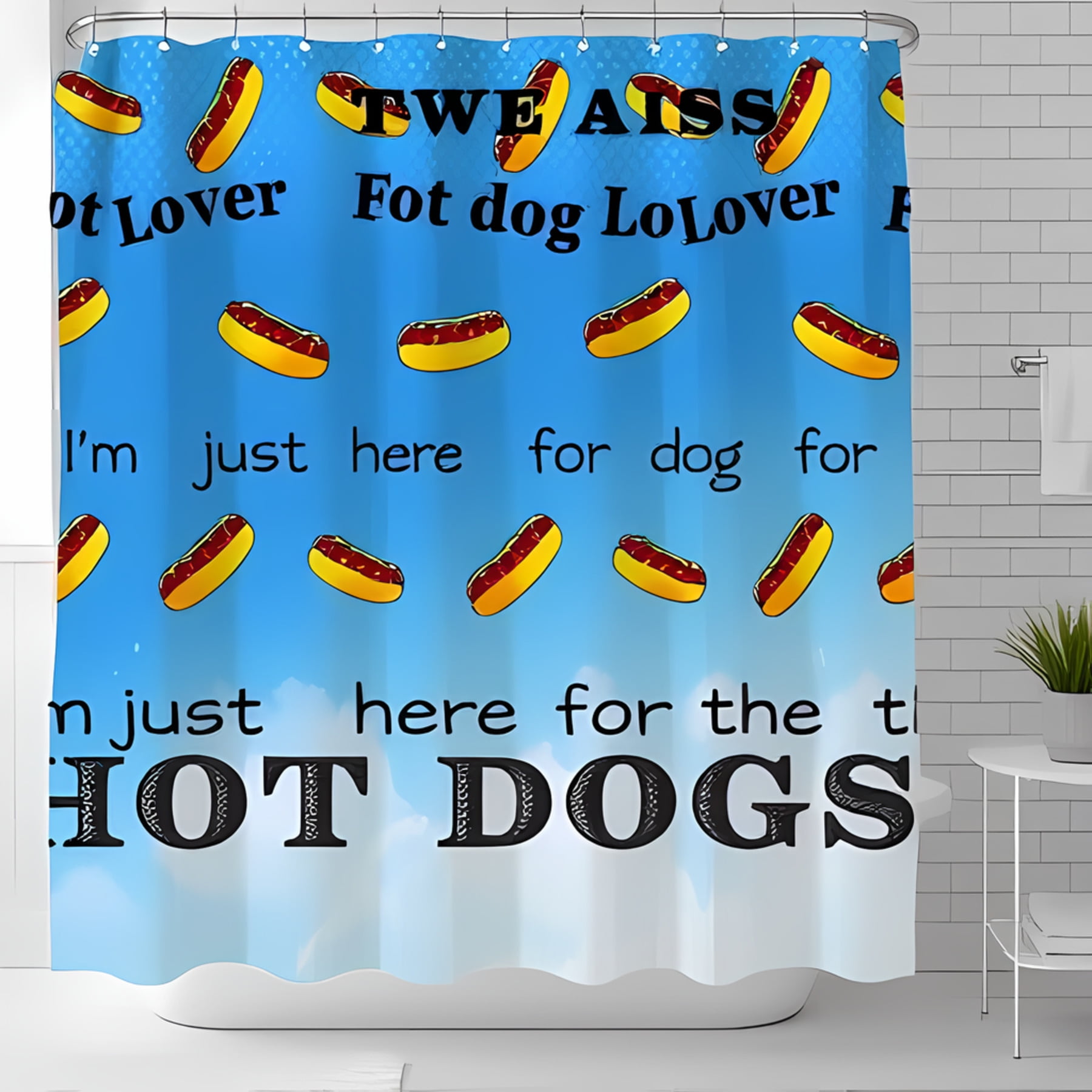 Hot Dog Shower Curtain - Bright Blue Sky with Cartoon Hot Dogs & Cheeky ...