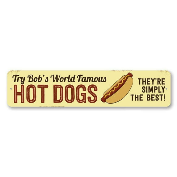 Hot Dogs Sign Try World Famous Sign Chef Metal Wall Decor Size: 4 x 16 ...