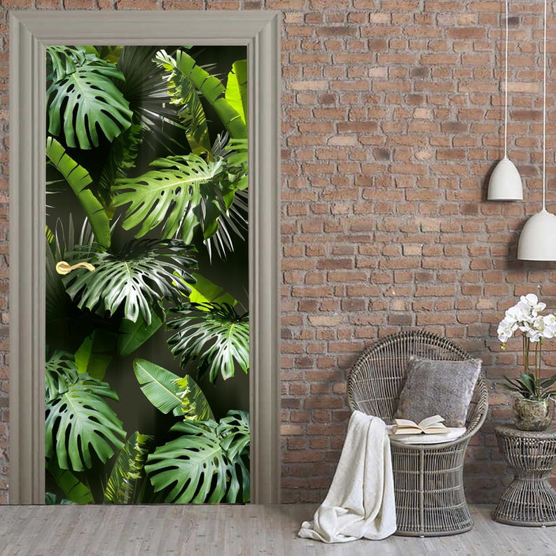 Hot Door Mural Modern Tropical Leaf Wall Door Sticker DIY Self-adhesive ...