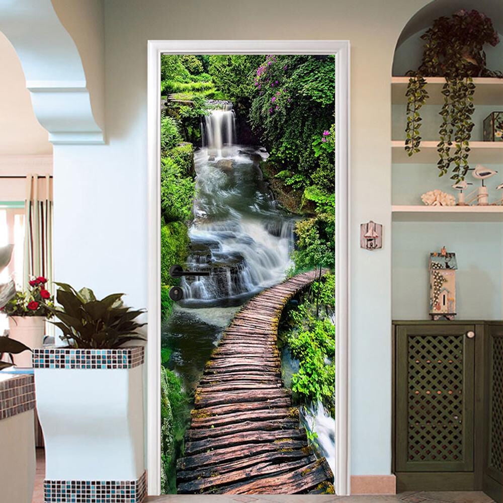 Hot Door Mural Waterfall Bridge Door Sticker DIY Self-adhesive ...