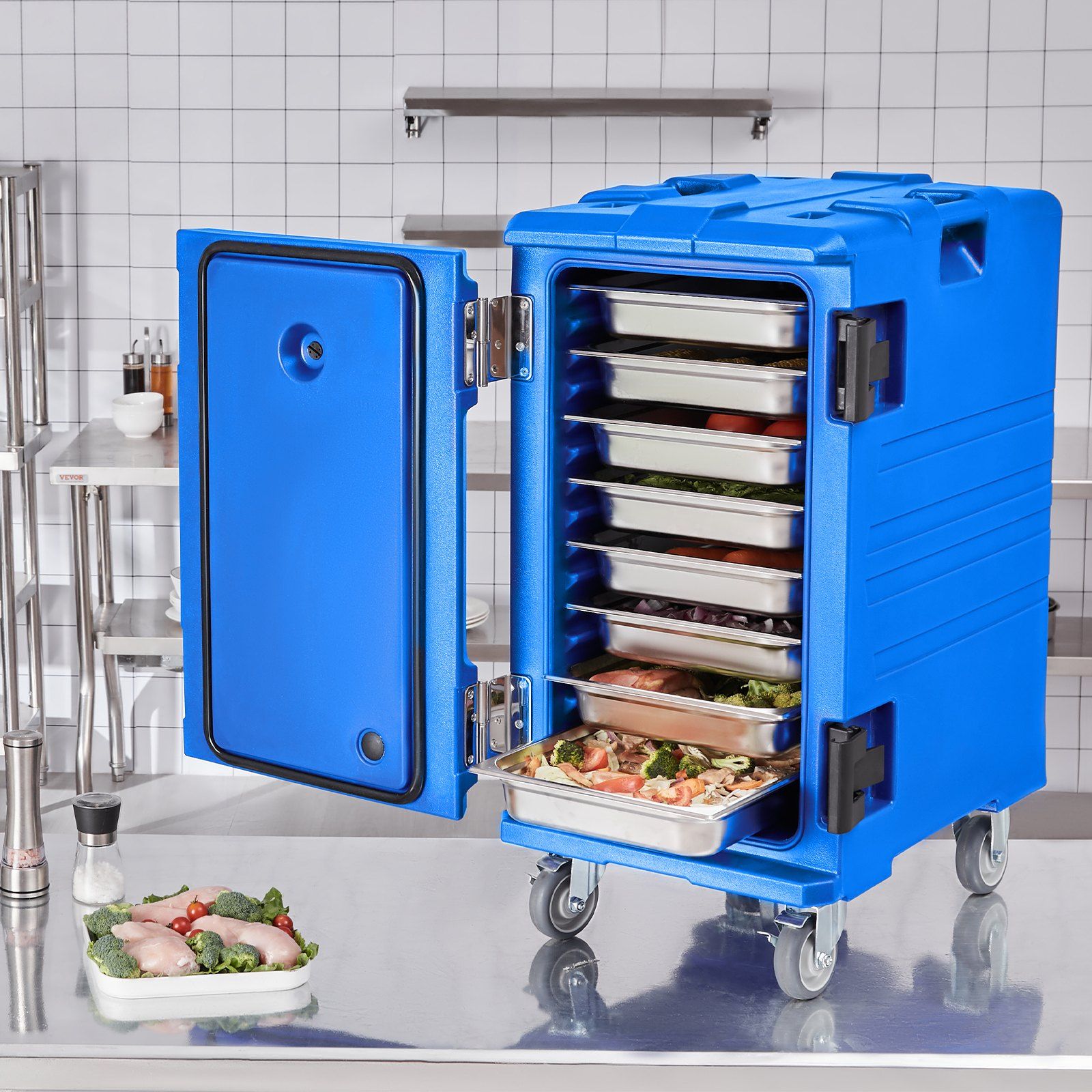 Hot Food Carrier with Wheels & Double Latches - 127 Quart Insulated End ...