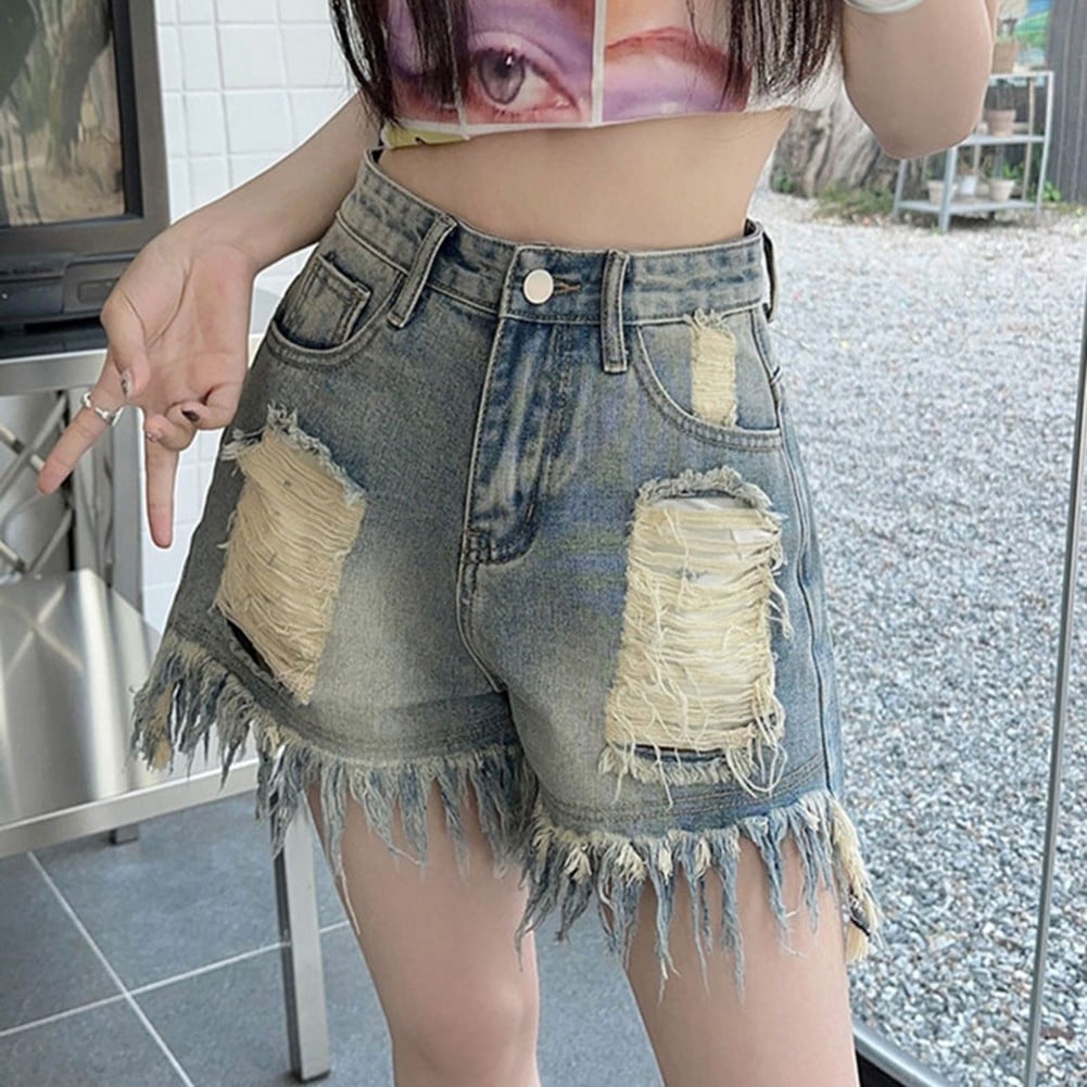 Hot Girl Style Loose Wide Leg High Waist Ripped A-Line Shorts - Blue ...