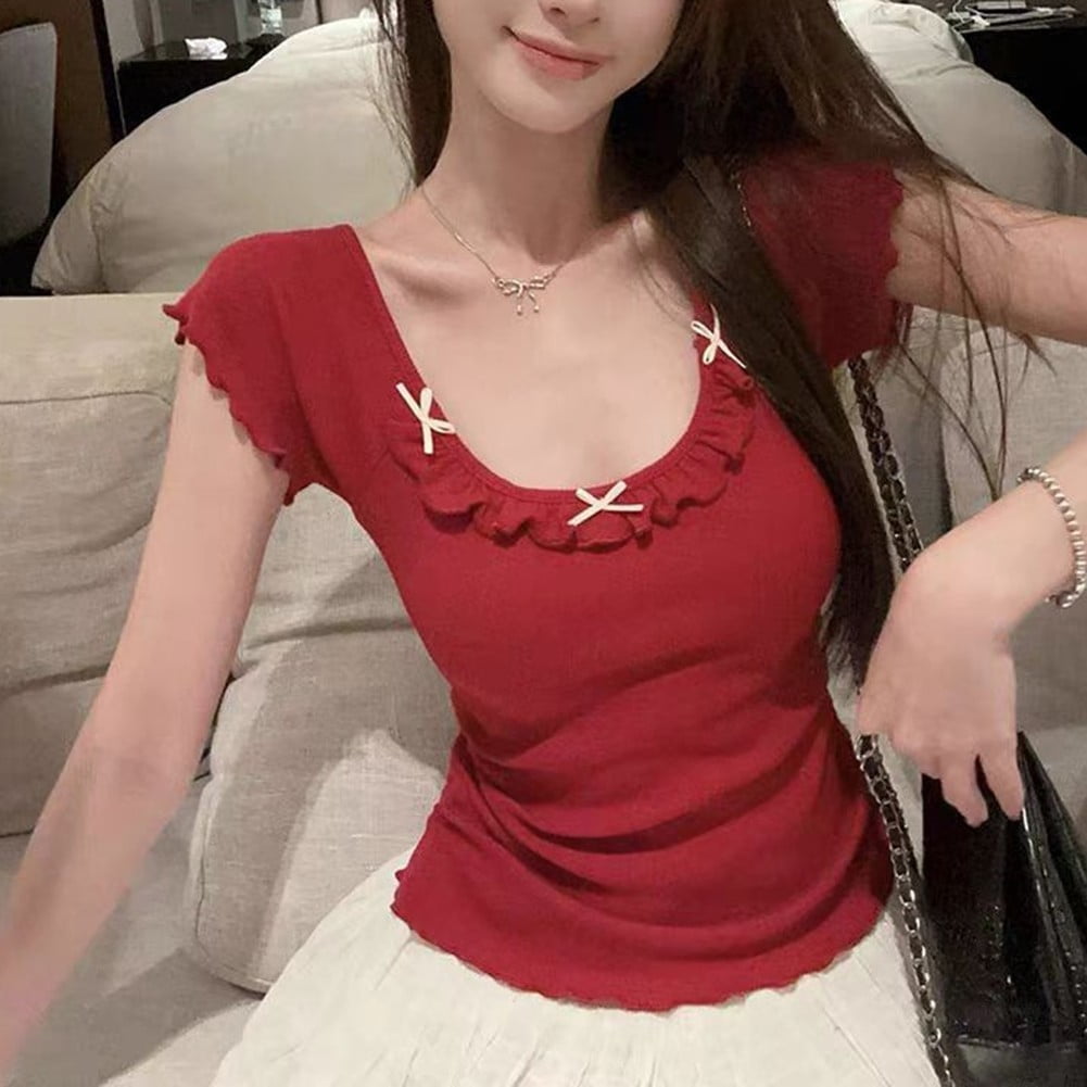 Hot Girl Style Modal Wood Ears Sweet Slim Bowknot Short Sleeve T-Shirt ...