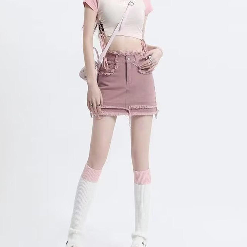 Hot Girl Style Pink High Waist Short Raw Edge A-Line Hip Skirt - Pink S ...