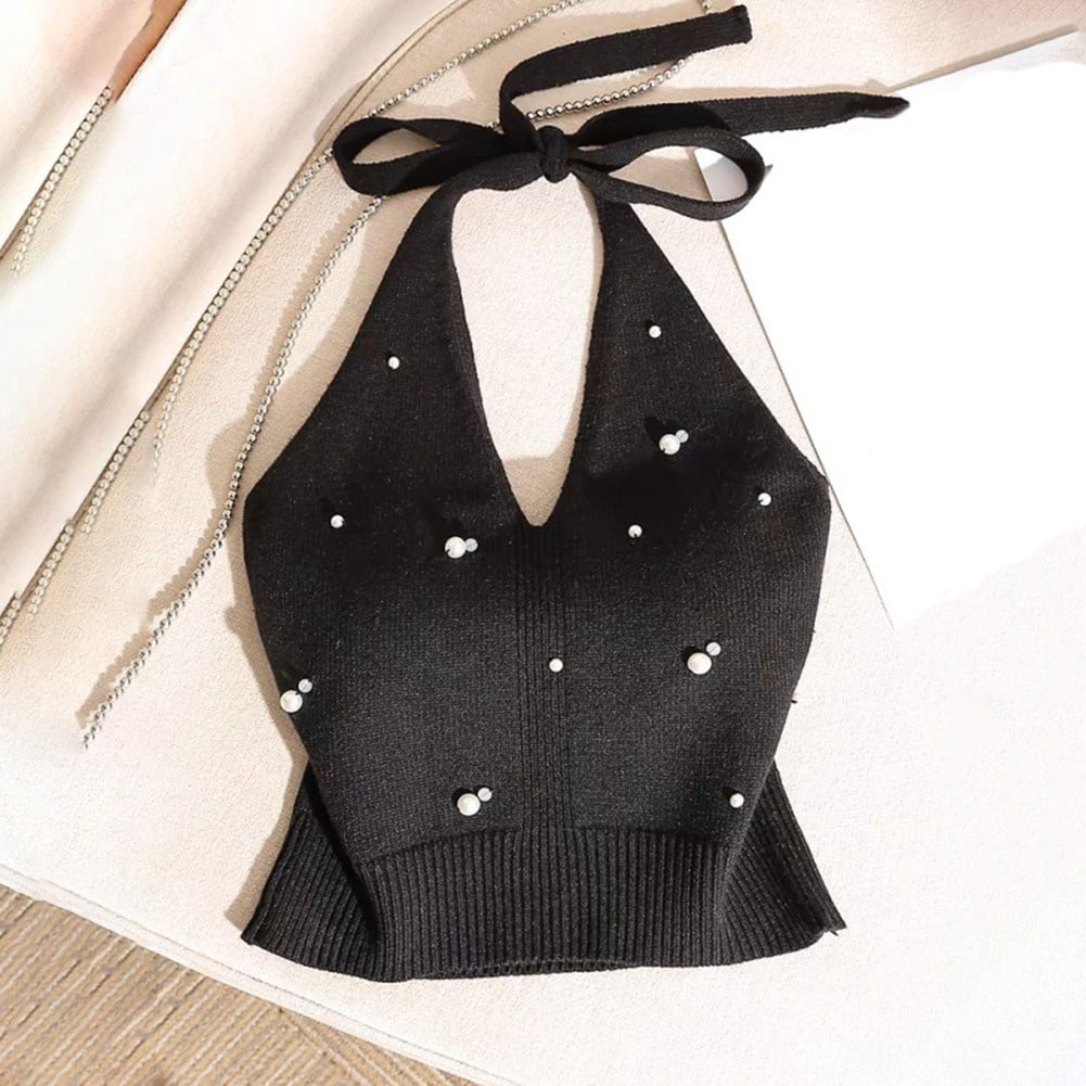 Hot Girl Style Slim Fit Backless Off-Shoulder Halter Tank Top - Black ...