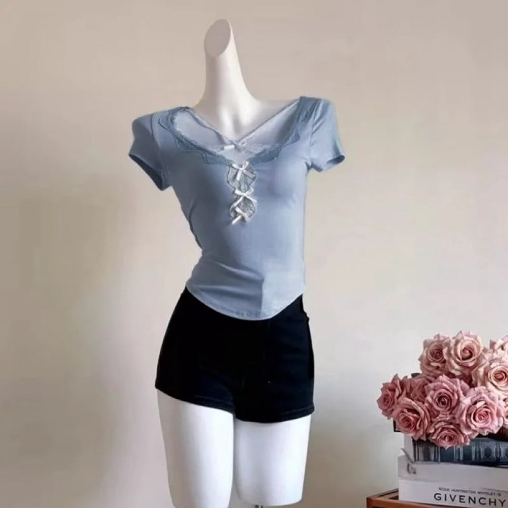 Hot Girl's Fake 2 Pieces Lace Up Short Sleeve T-Shirts Korean Chic ...