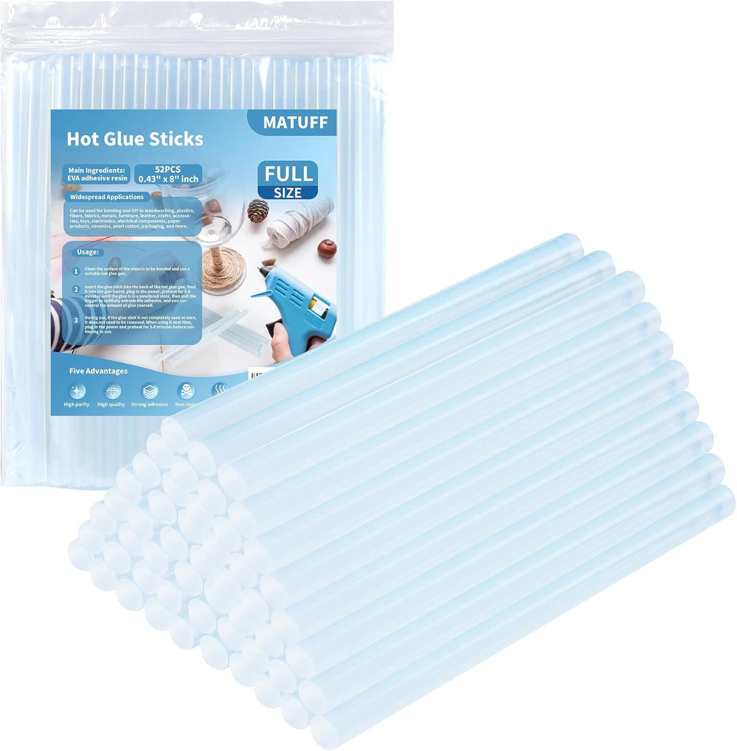 Hot Glue Sticks Full Size 0.43” Dia x 8” Long 52 Pcs EVA Clear Hot Melt ...