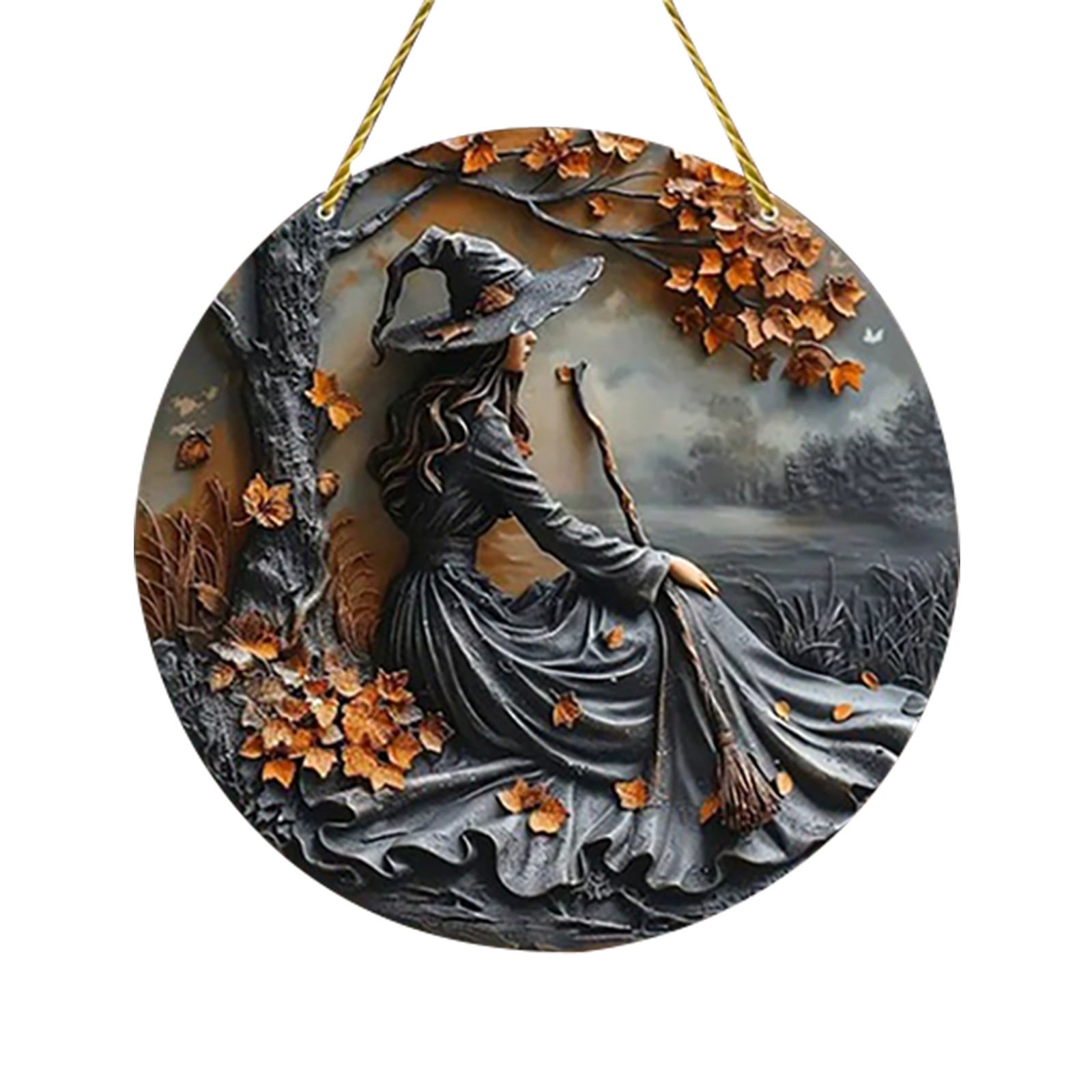 Hot New!! Autumn Witch Gathering Round Wooden Halloween Door Sign with ...