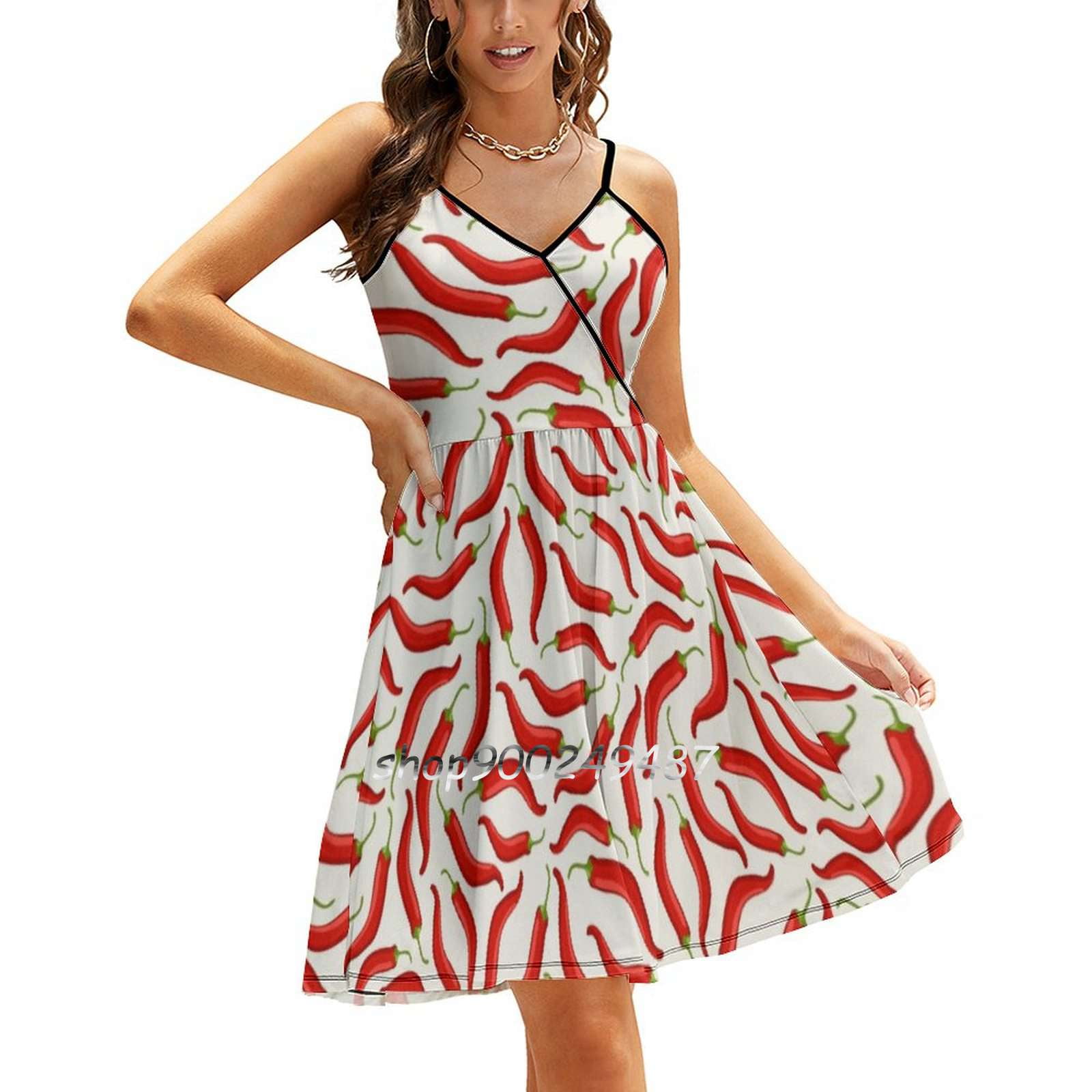 Hot Pepper Pattern With White Background Square Neck Dress Sweet Summer ...