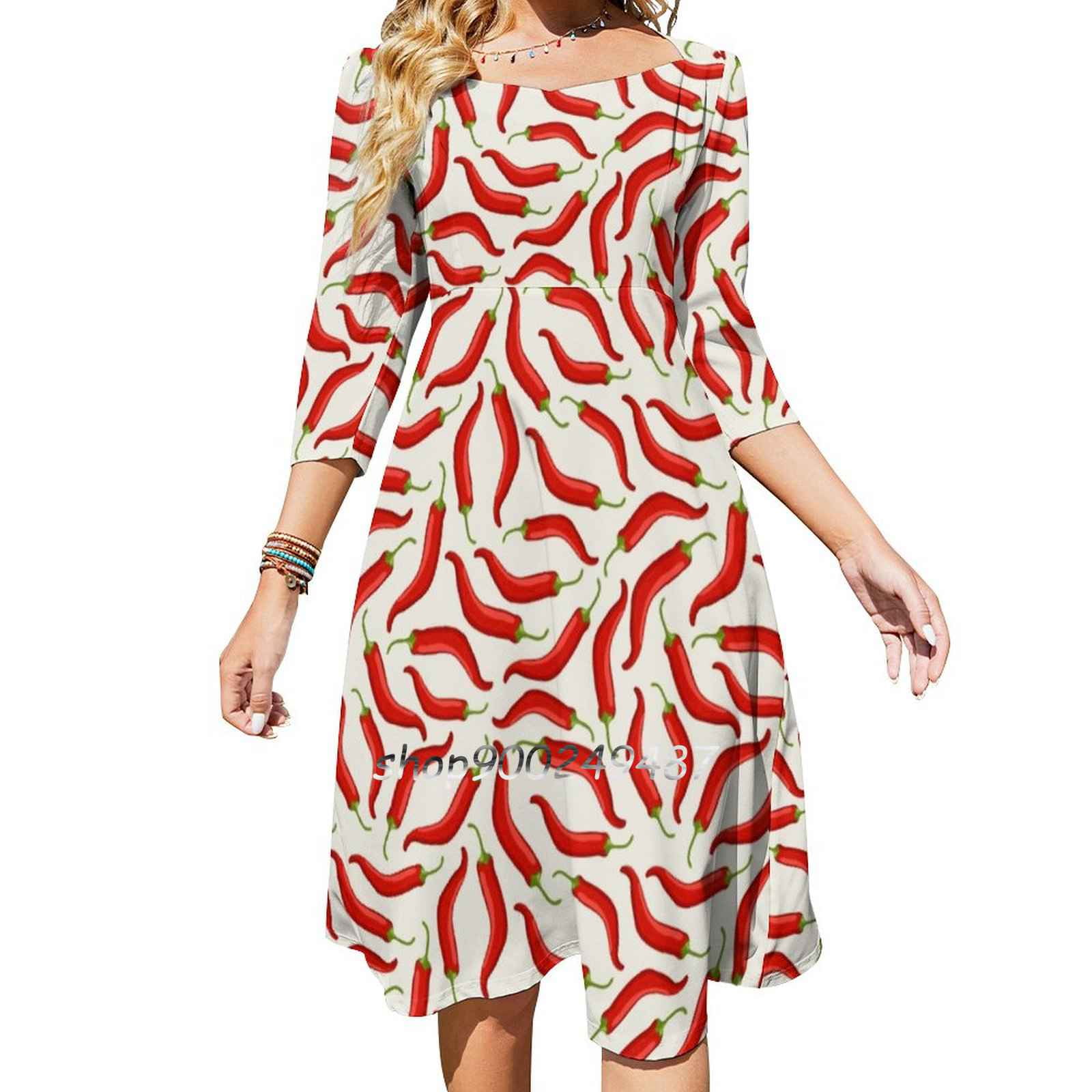 Hot Pepper Pattern With White Background Square Neck Dress Sweet Summer ...