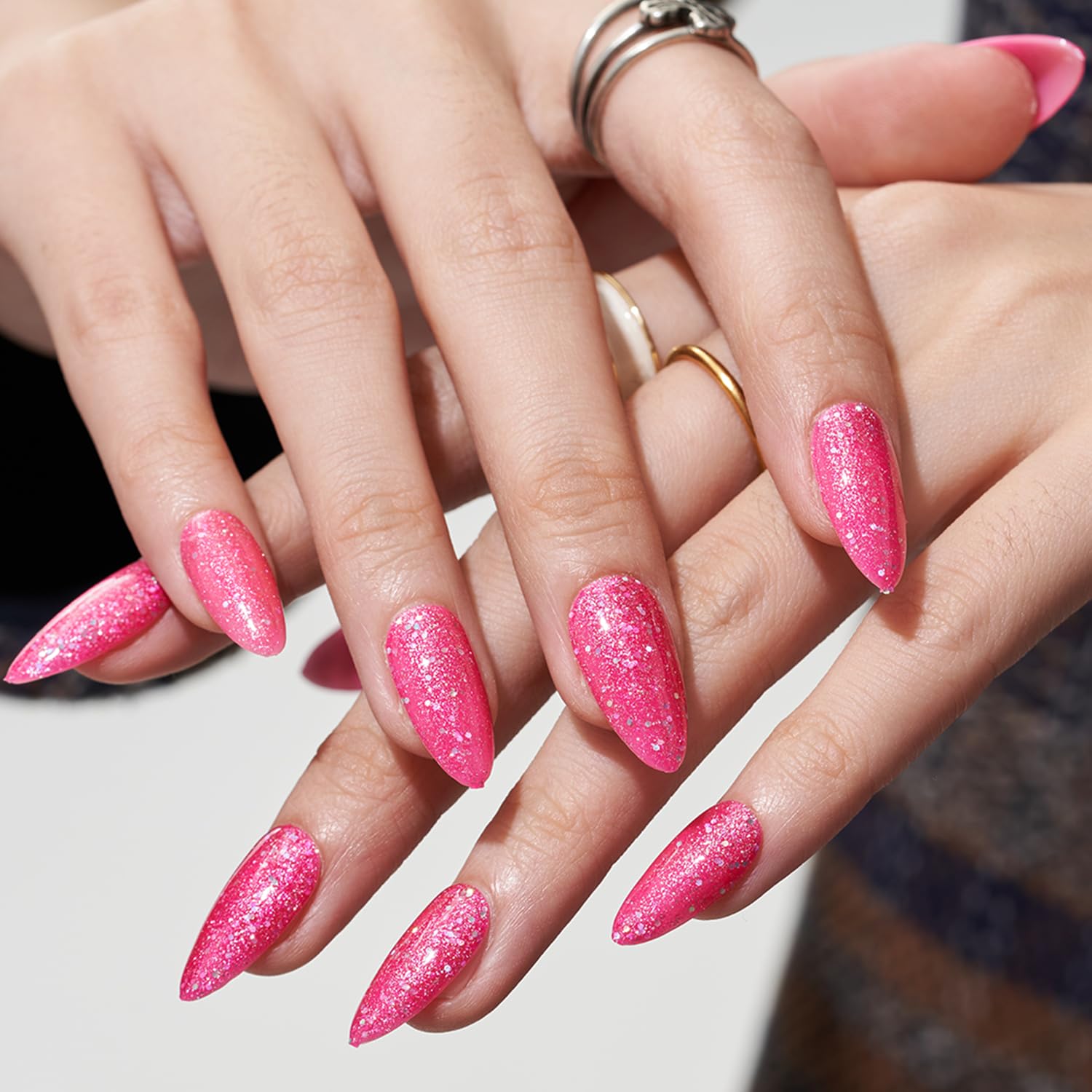 Hot Pink Almond Press on Nails, Handmade Jelly Gel Fake Nail with ...