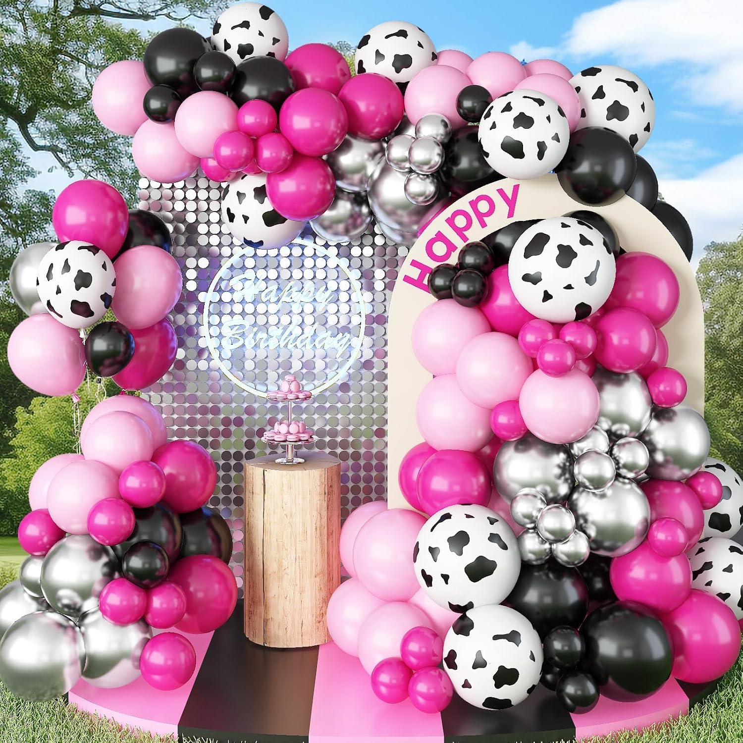 Hot Pink And Black Balloons Arch Kit, 110 Pcs Farm Cow Print Balloon ...