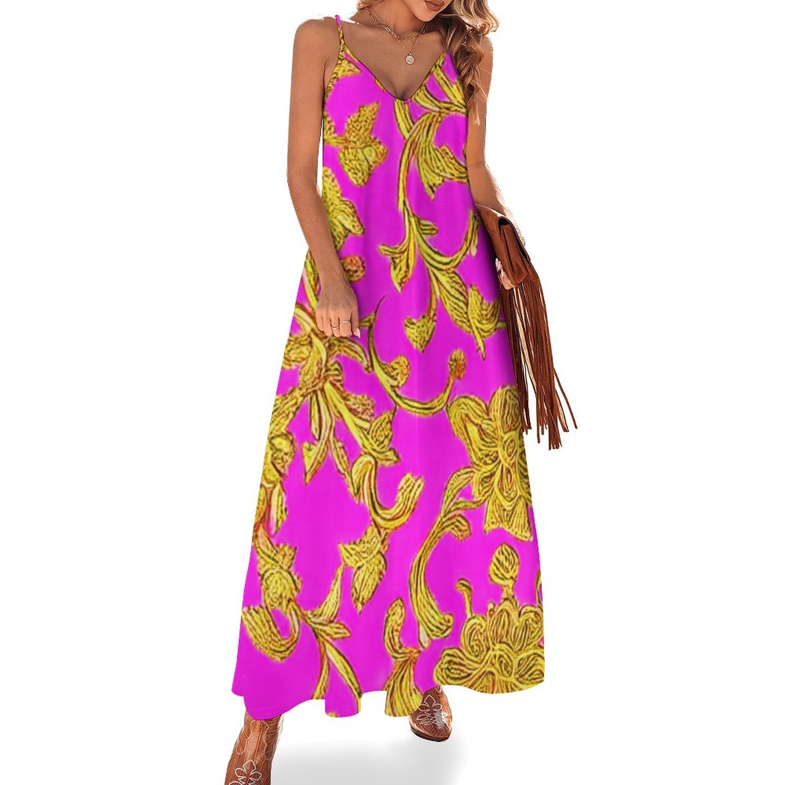 Hot Pink And Gold Baroque Floral Pattern ALine Dress Sleeveless Dress ...