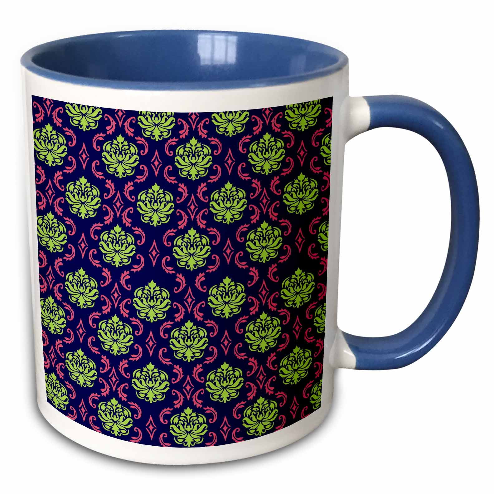 3drose, Hot Pink and Lime Green Damask Pattern on Black - Girly Funky ...