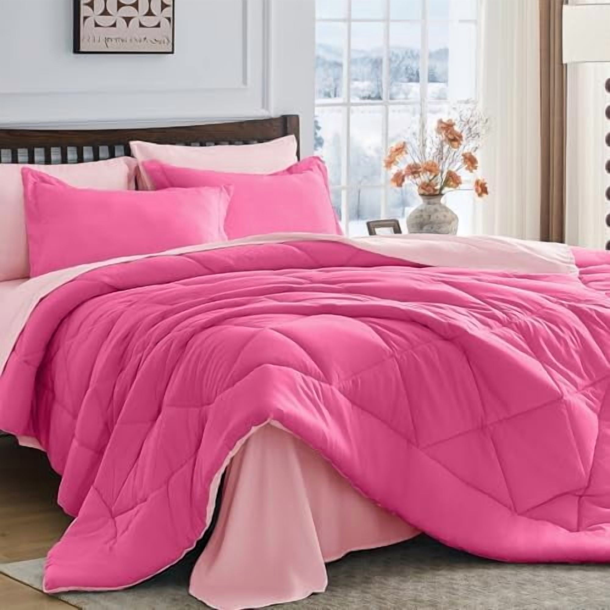Hot Pink & Baby Pink King Comforter Set - 7-Piece All Season Bed in a ...
