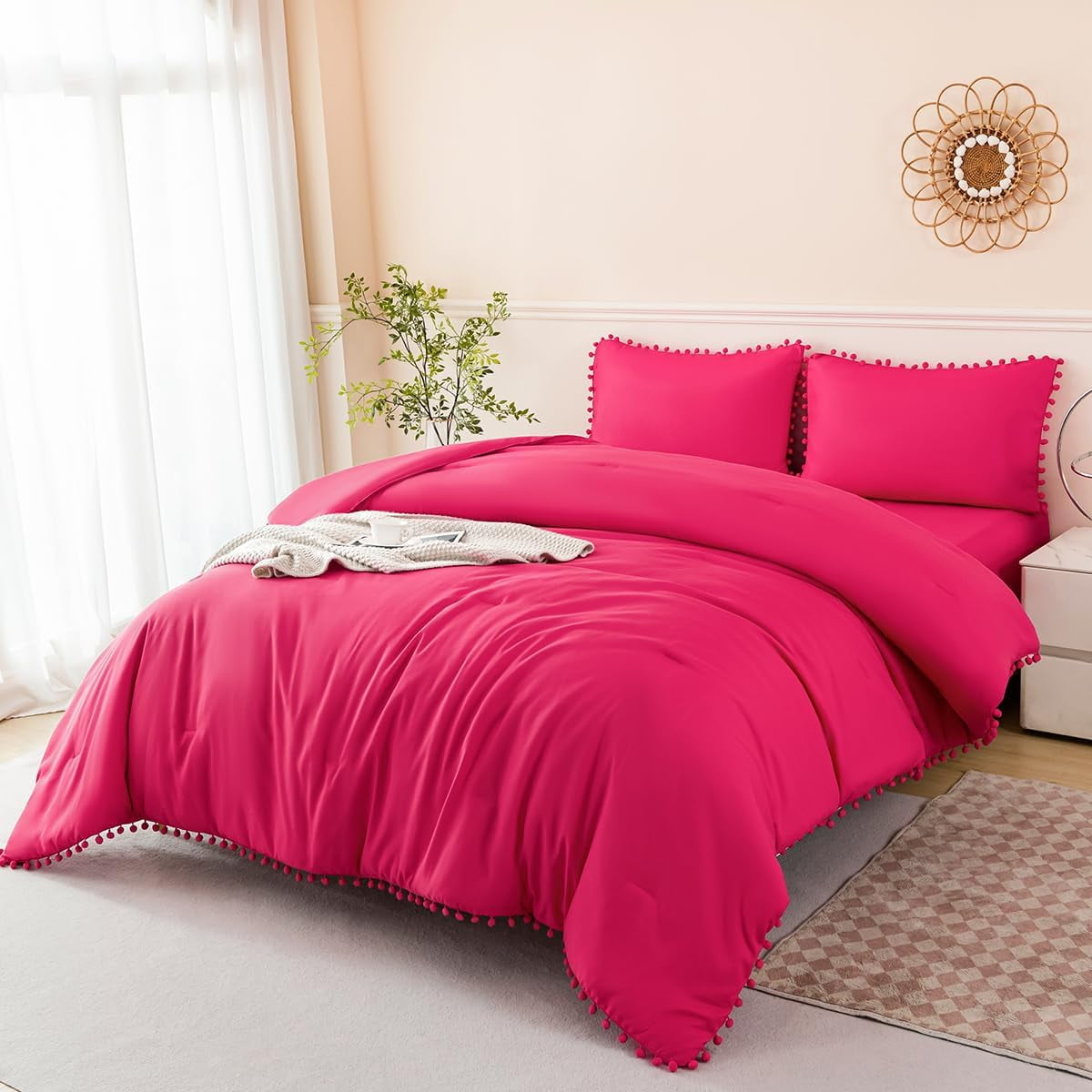 Hot Pink Bedding Full Set 5 Piece Bed in a Bag Boho Pom Pom Bedding ...