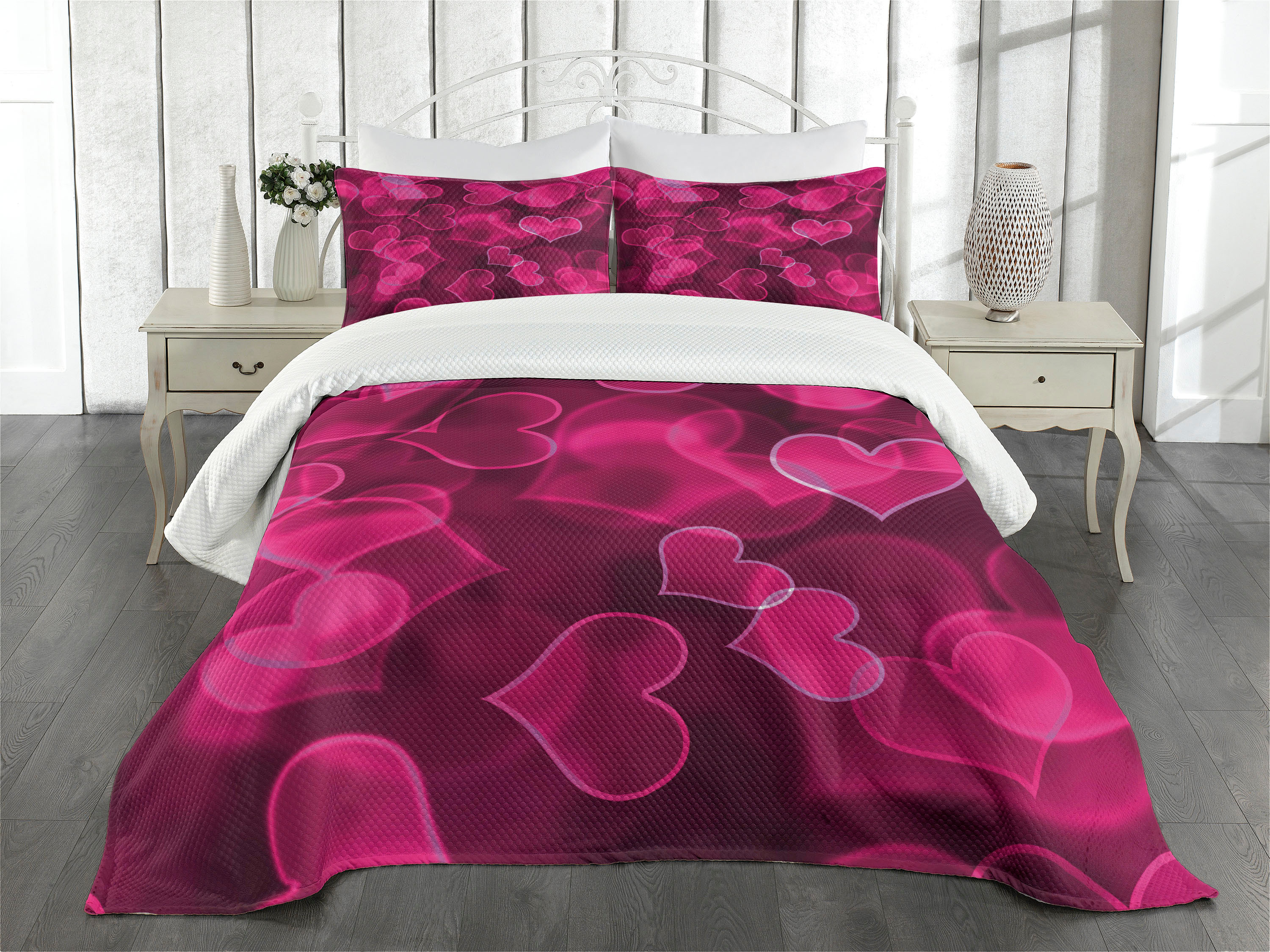 Hot Pink Bedspread, Heart Shapes on Blurry Background Romantic ...