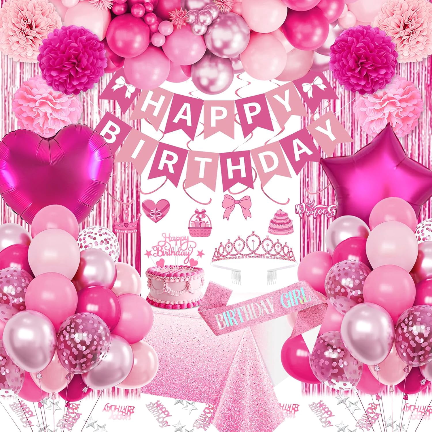 Hot Pink Birthday Decorations with Balloons Happy Birthday Banner Bday ...