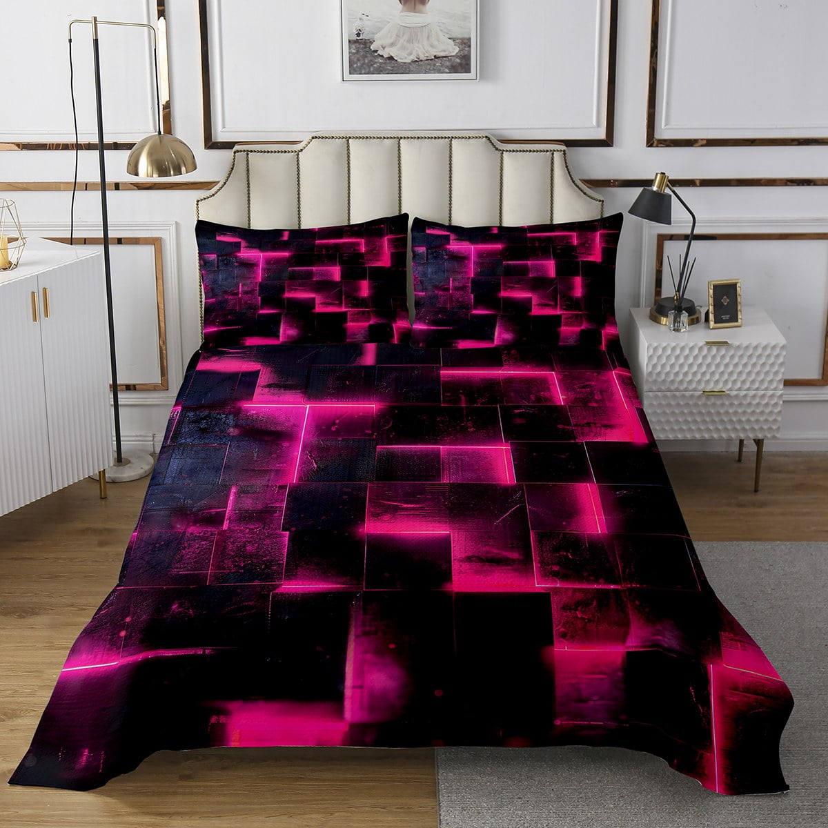 Hot Pink Black Coverlet Queen Size 3D Glowing Buffalo Bedding Set ...