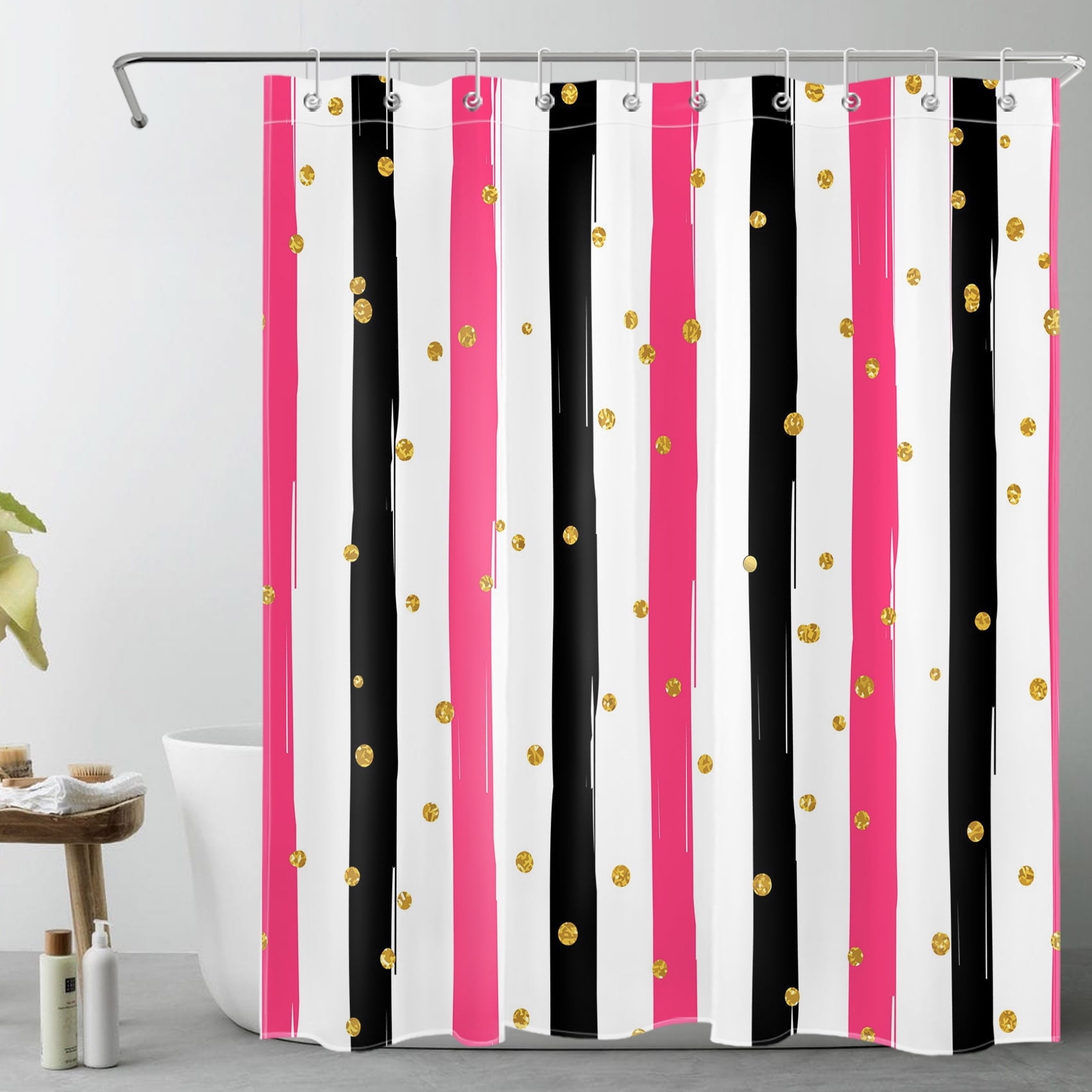 Hot Pink and Black Striped Shower Curtain Decor, Black and White ...