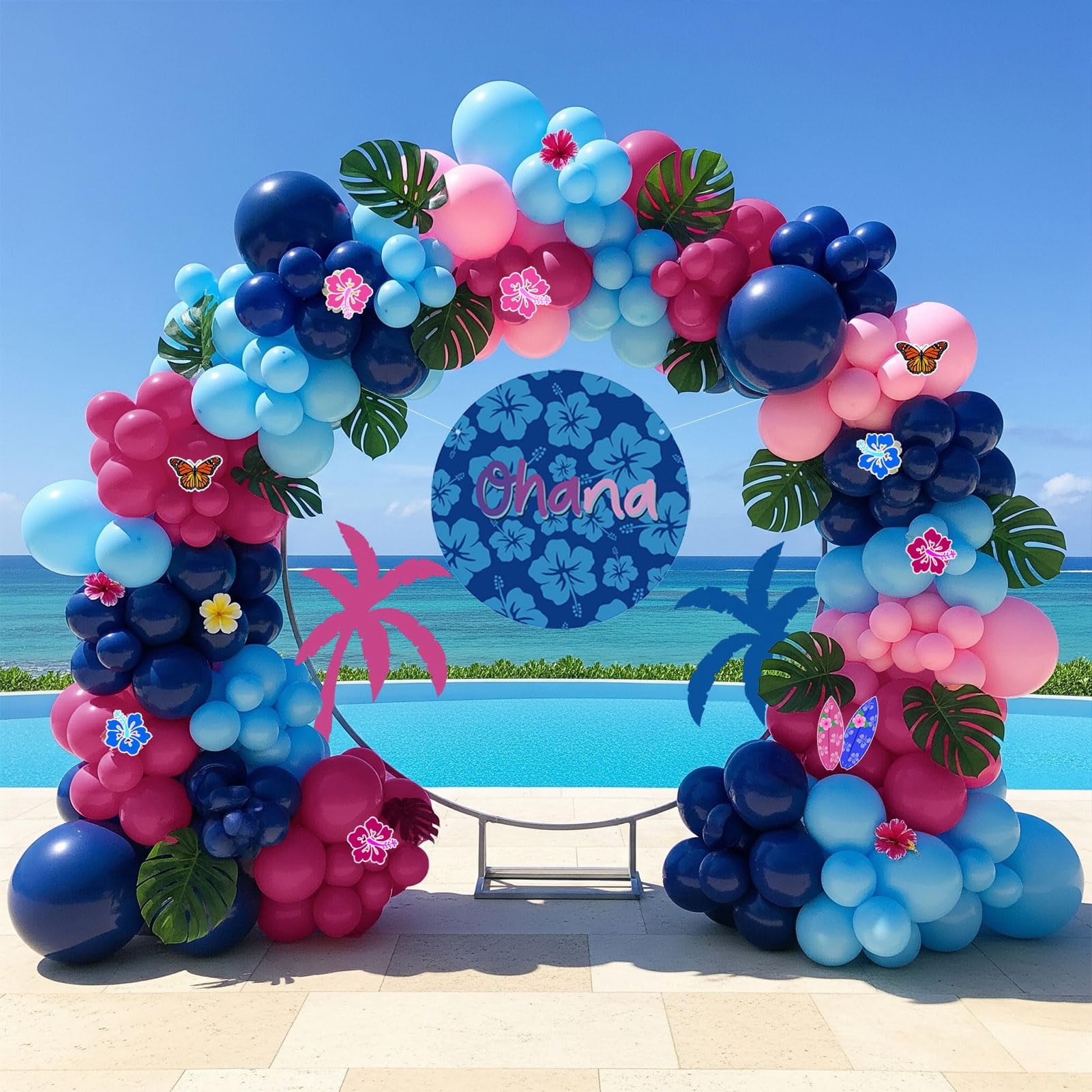 Hot Pink Blue Pink Balloon Garland Kit with Hawaii Ohana theme backdrop ...