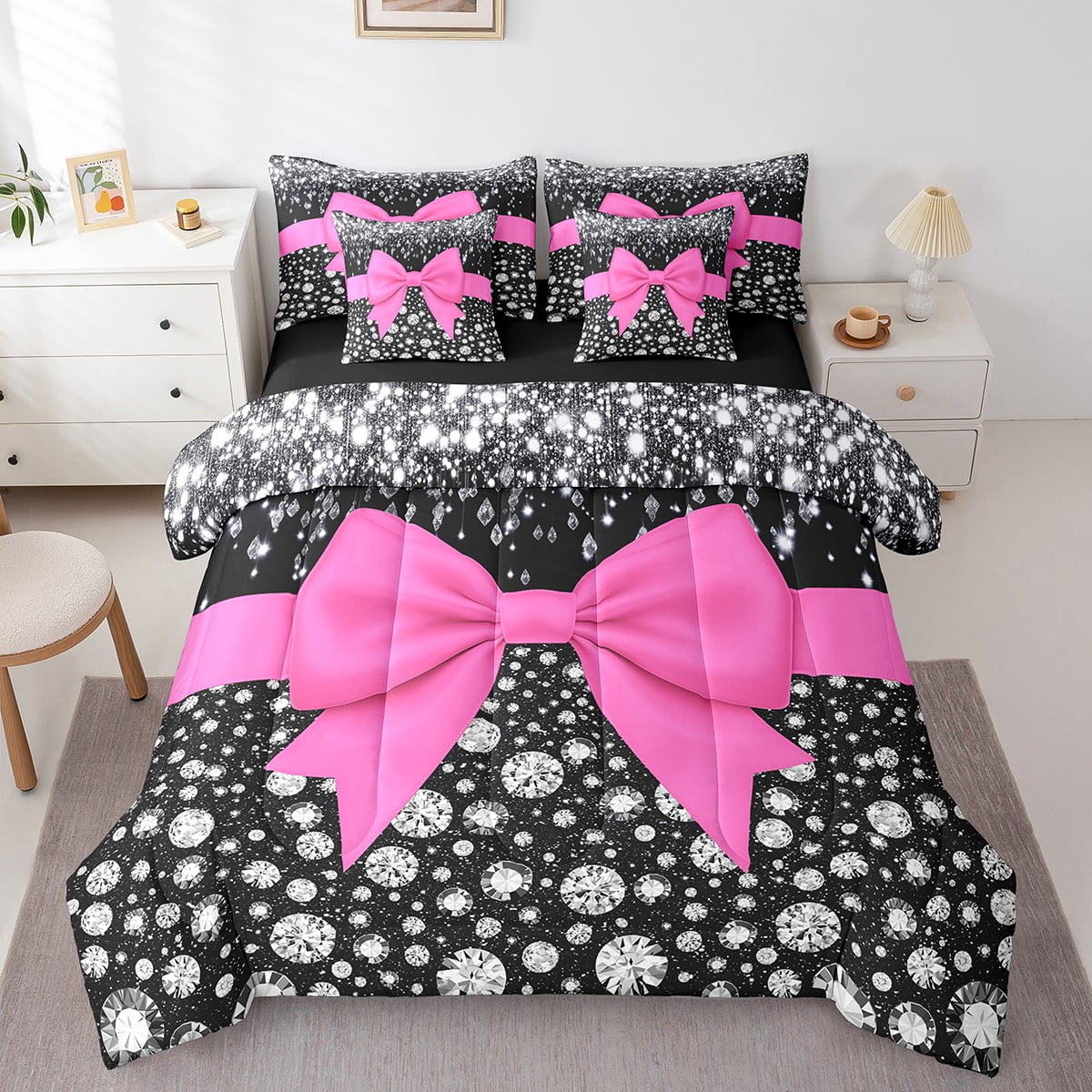 Hot Pink Bowknot Bed in a Bag King Size Comforter Set 7 Pieces,Cute Bow ...