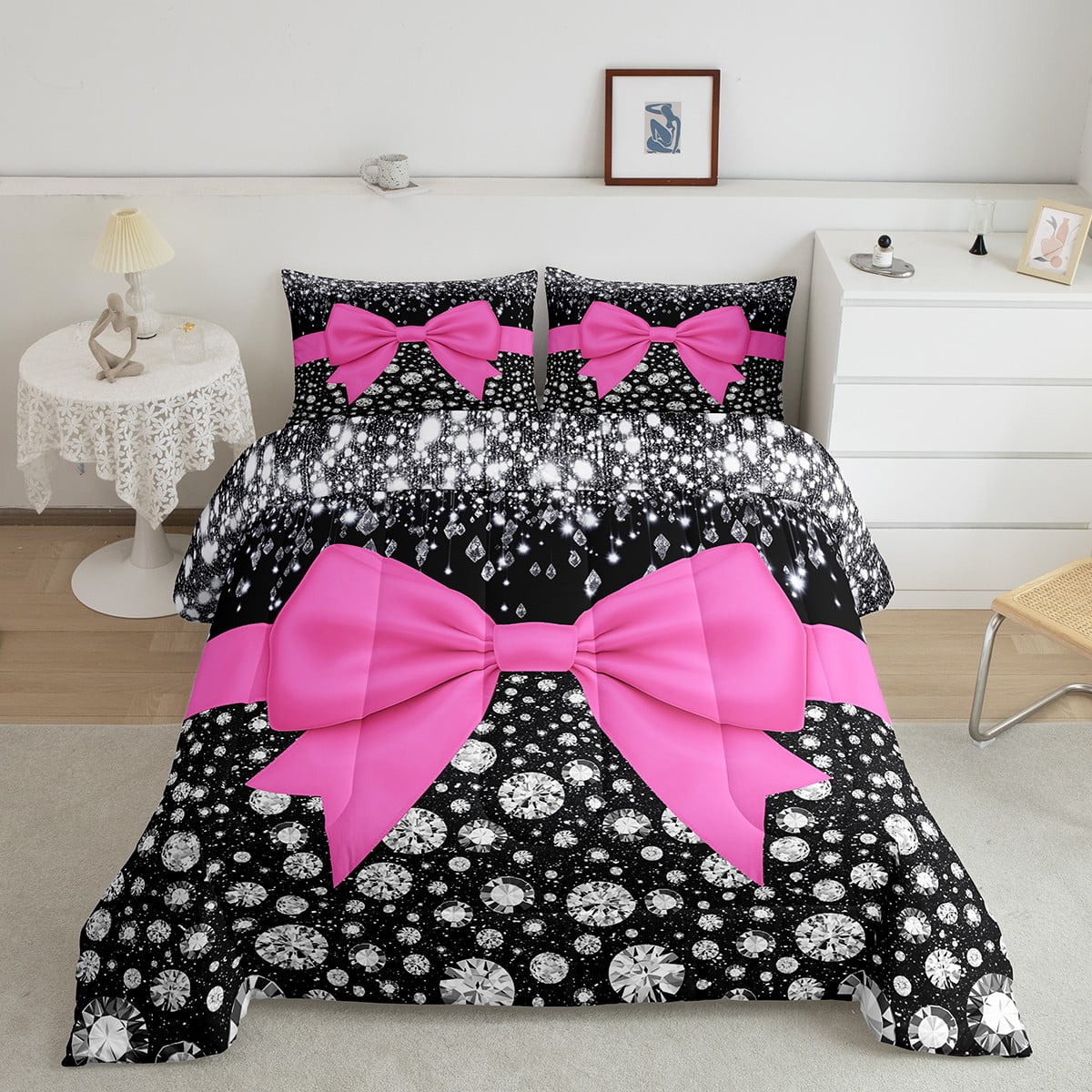 Hot Pink Bowknot Comforter Set Cute Bow Knot Bed Set,Kawaii Silk Ribbon ...