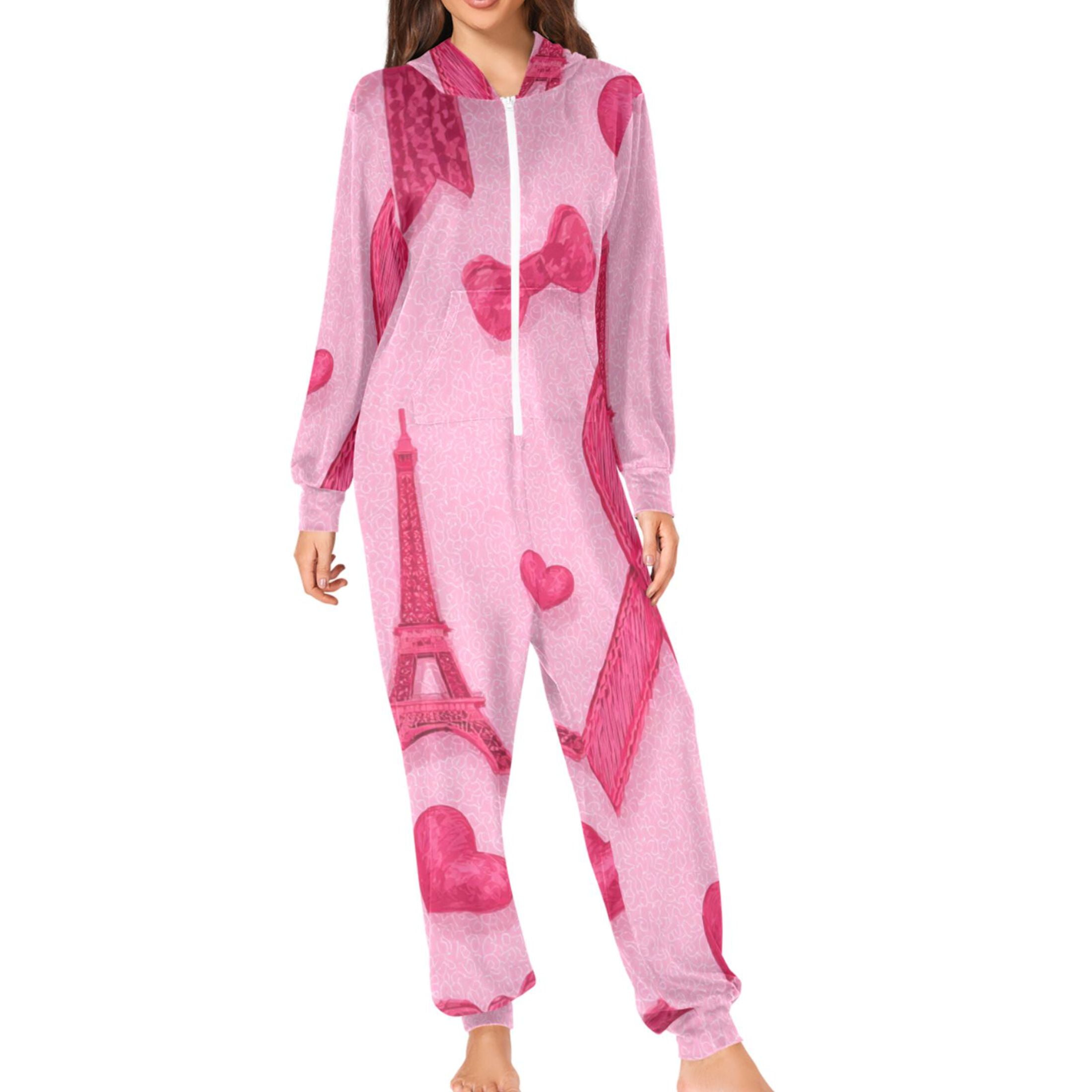 Hot Pink Bows Hearts Effiel Tower Valentine Adult's Hoodie Onesie ...